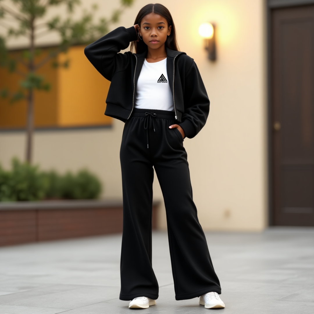 Premium Girls' Flared Fleece Sweatpants Set – Black